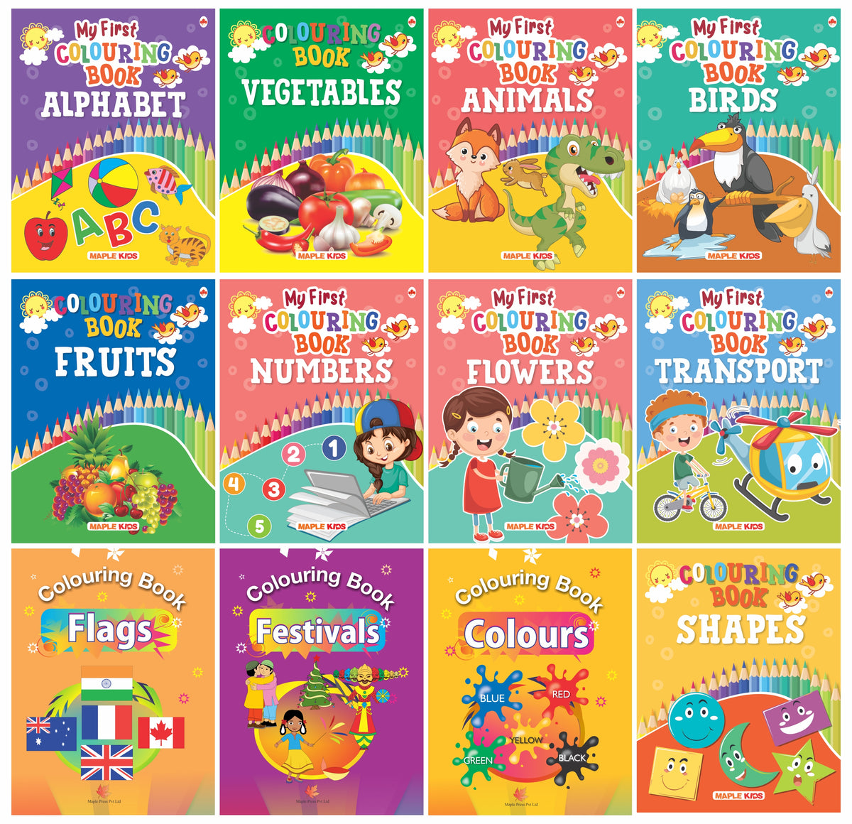 Colouring Books for Kids (Set of 12 Books) - Alphabet, Vegetables, Ani ...